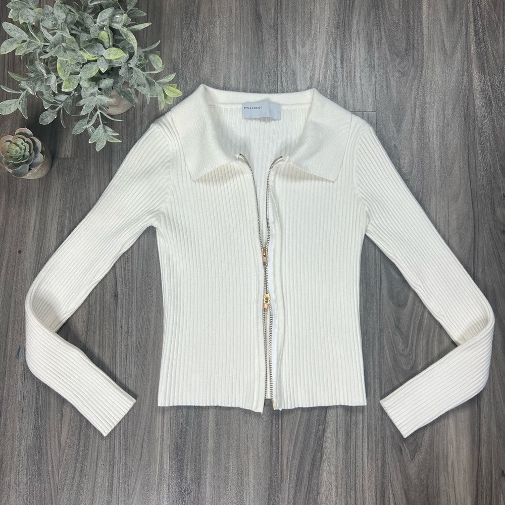 Style Addict Double Zip White Knit Sweater - Gem